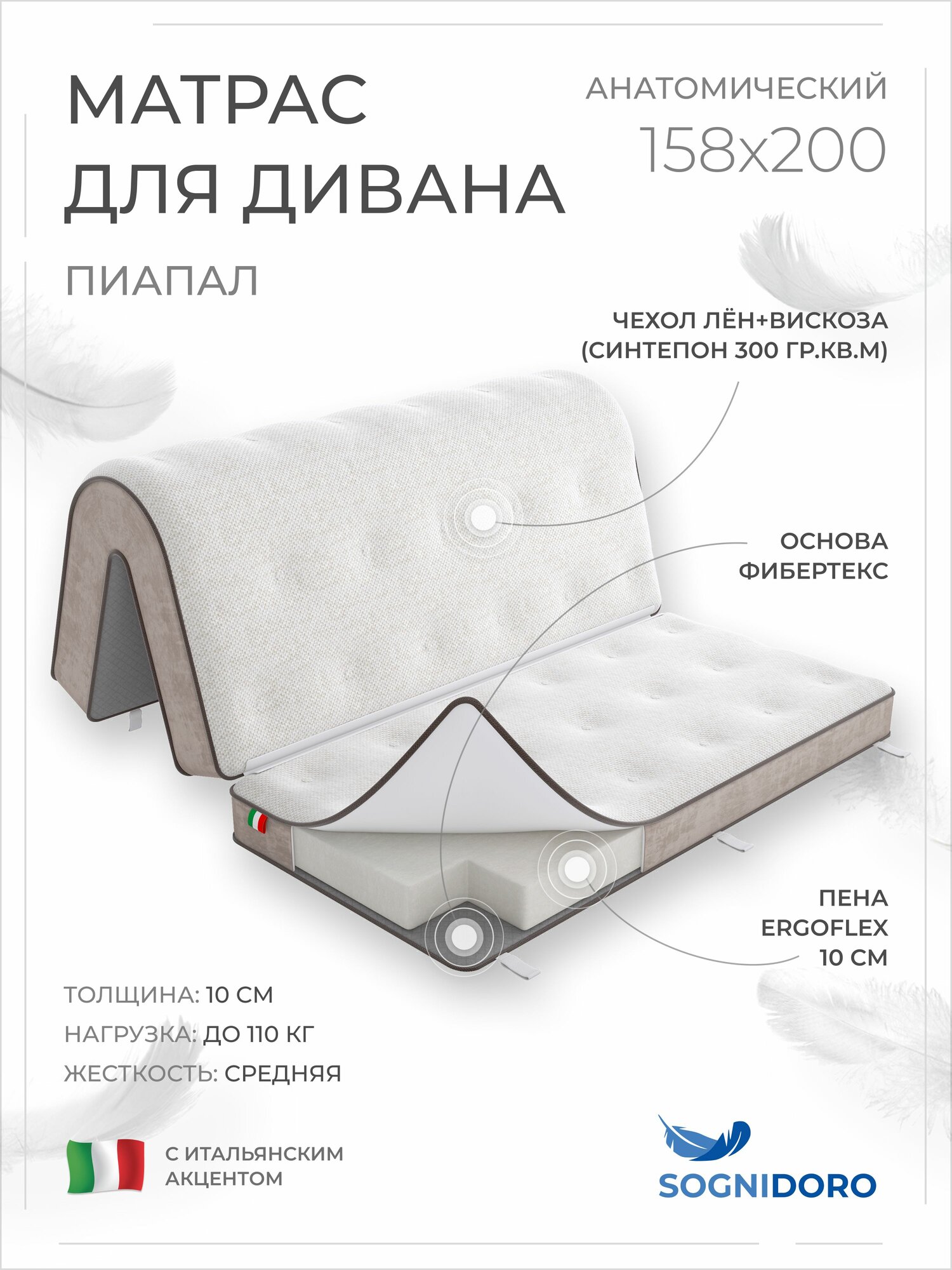 Матрас для дивана аккордеон 158х140х10,158х60х10 см.(158х200х10), анатомический Пиапал, беспружинный