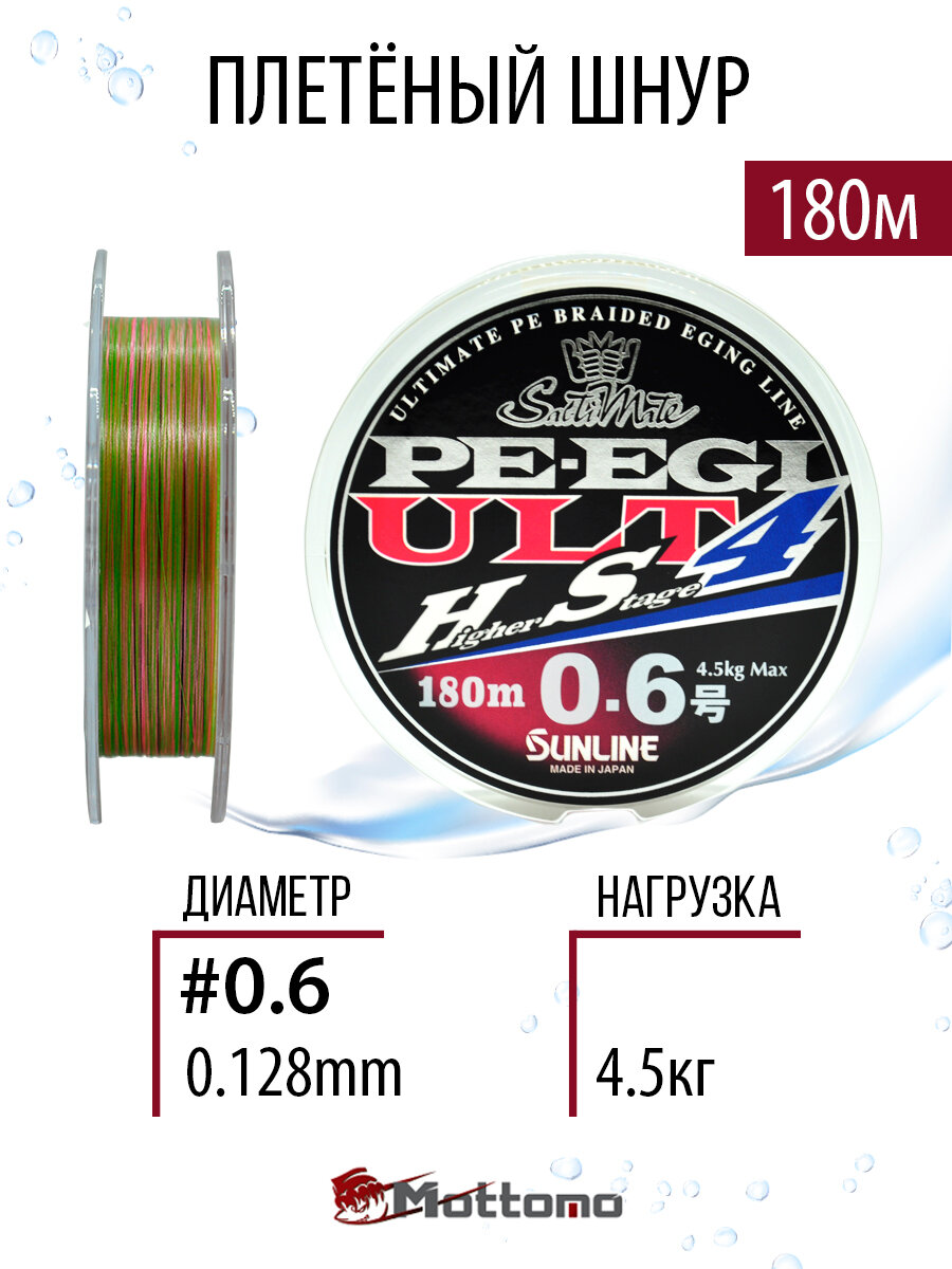 Плетёный шнур Sunline PE EGI ULT HS4 180m #0.6/4.5kg, плетенка рыболовная