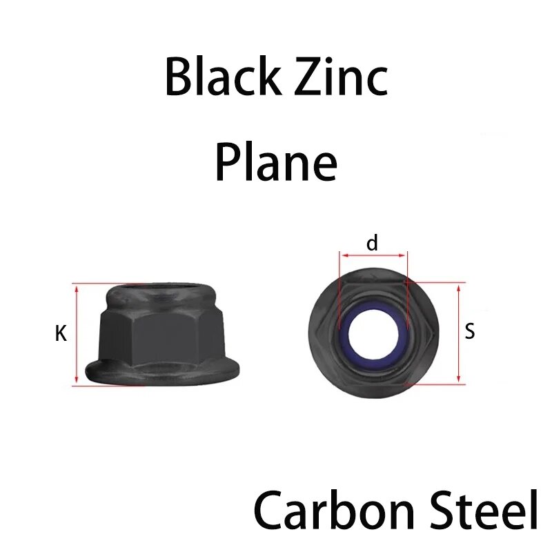 Стопорные гайки фланцевые нейлоновые M3-M12 нержавеющая/углеродистая сталь M5-20pcs, Black Zinc
