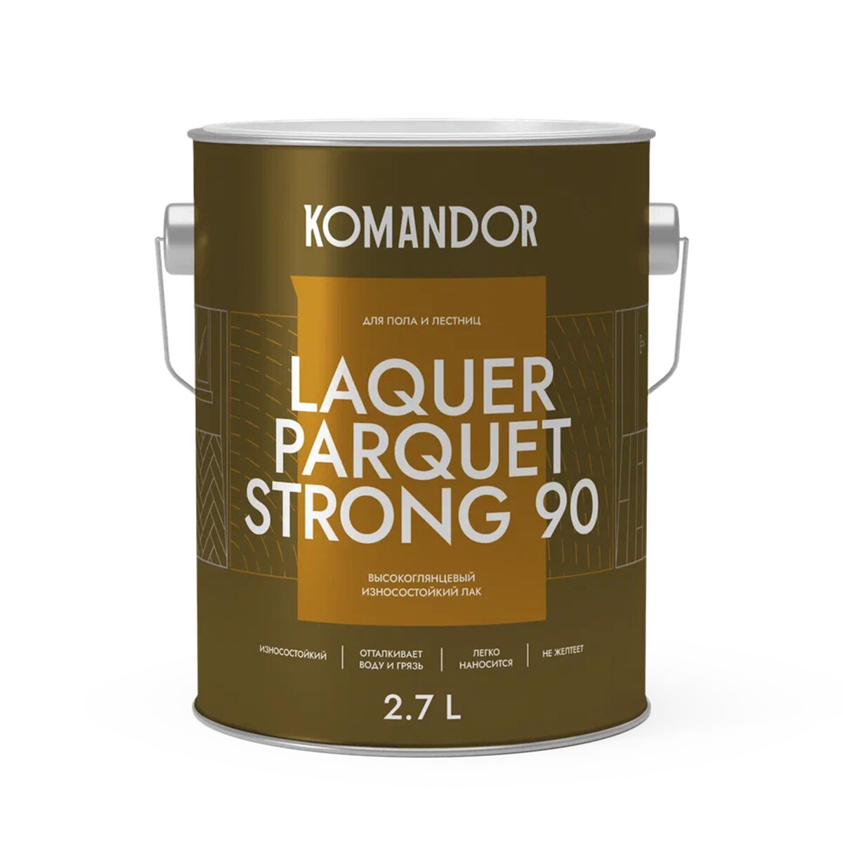 Лак для полов Komandor LAQUER PARQUET STRONG 90, высокоглянцевый, 2.7 л