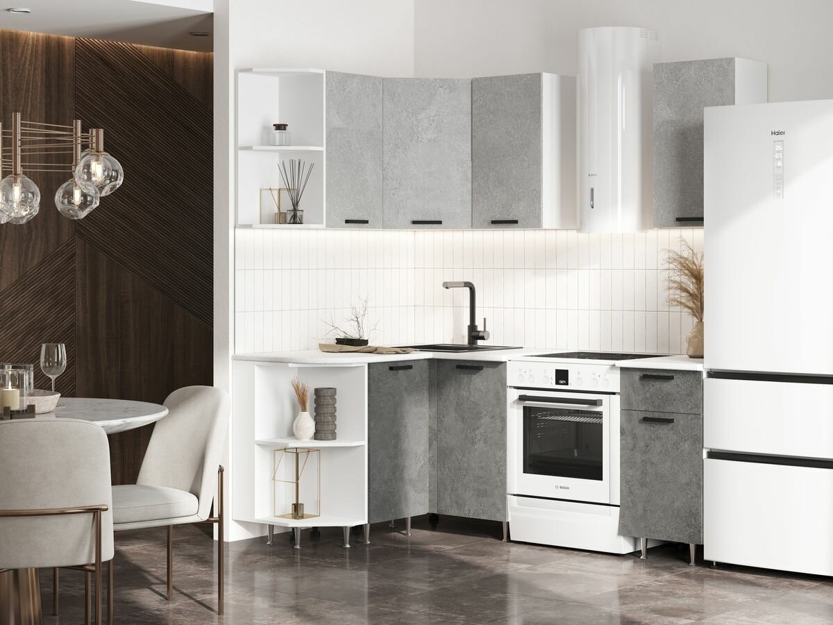 Кухонный гарнитур 2,0х1,3м Рио NEW бетон светлый/бетон темный, белый со столешницей, МИФ