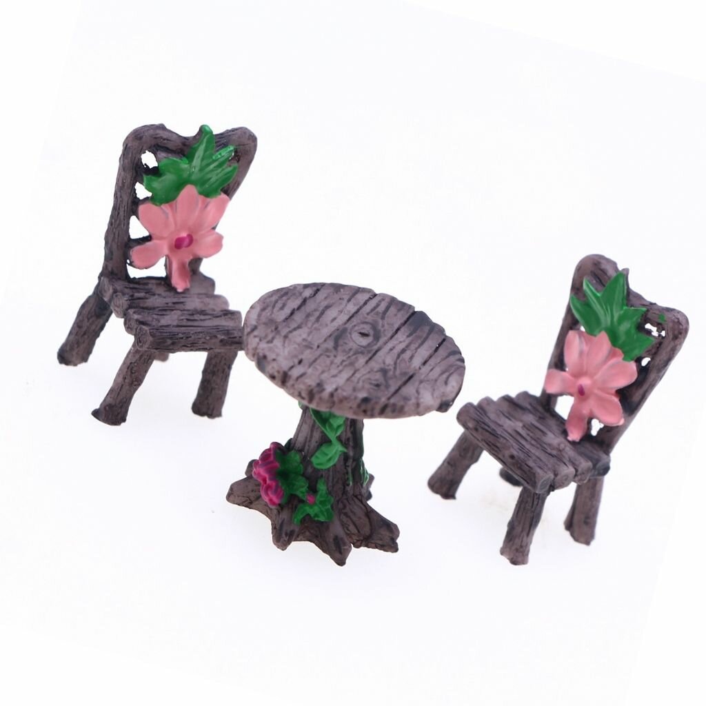 Миниатюрный круглый столик, стулья и табуретки из смолы для кукольного домика в пасторальном стиле - кофейного цвета.