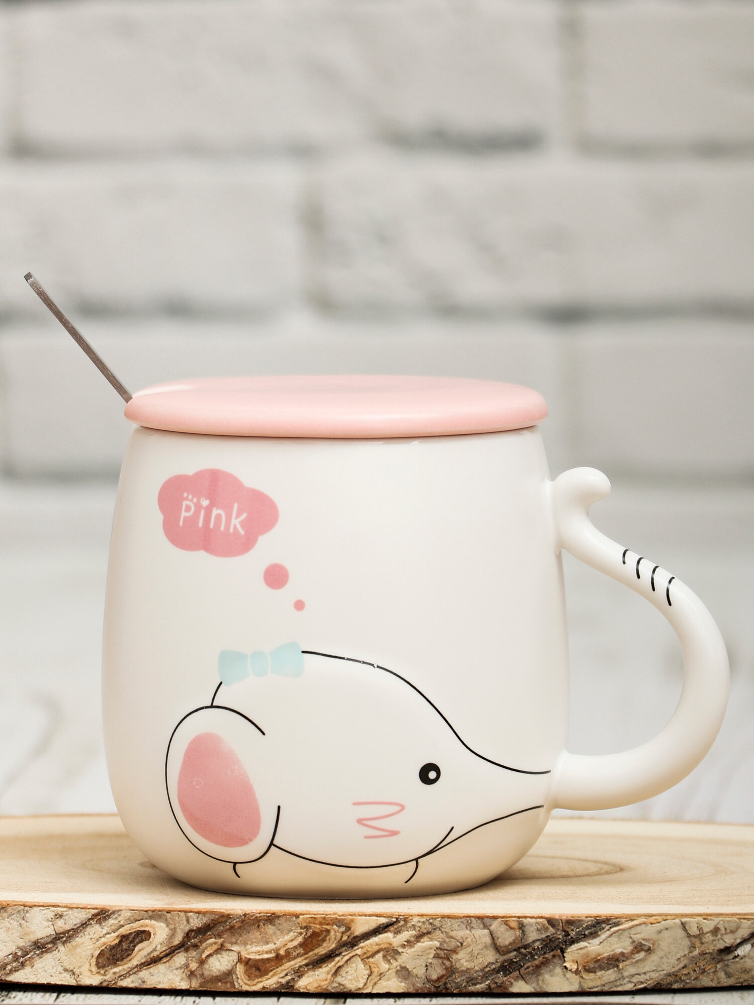 Кружка для чая "Веселый Слоник" розовый 410 мл, с крышкой и ложкой, женская, детская, подарочная на новый год