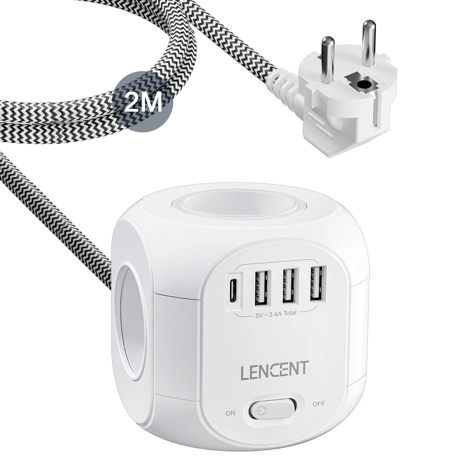 Удлинитель Lencent с 4 розетками и USB, 2м, белый