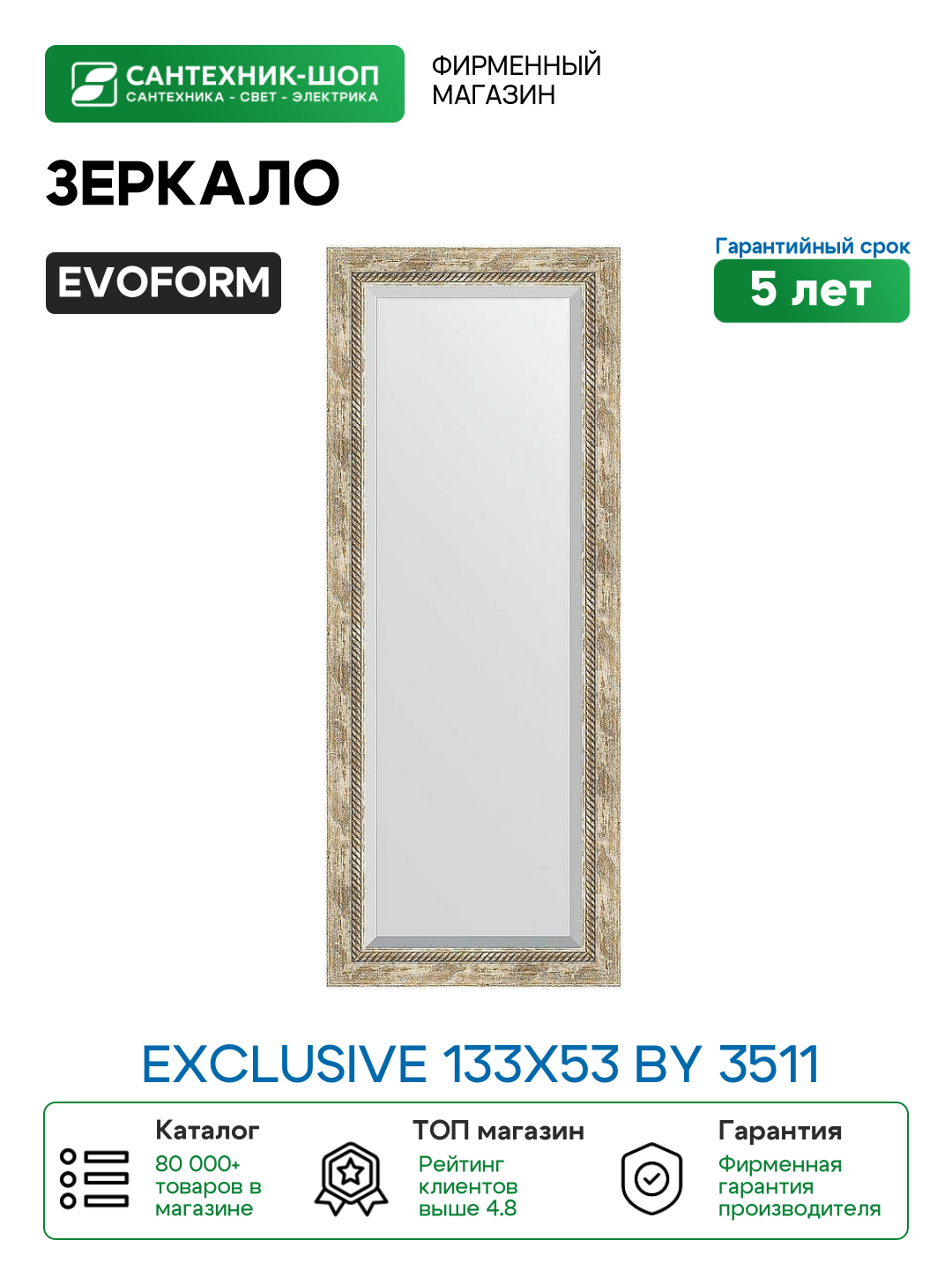 Зеркало Evoform Exclusive 133х53 BY 3511 с фацетом в багетной раме - Прованс с плетением 70 мм стекло