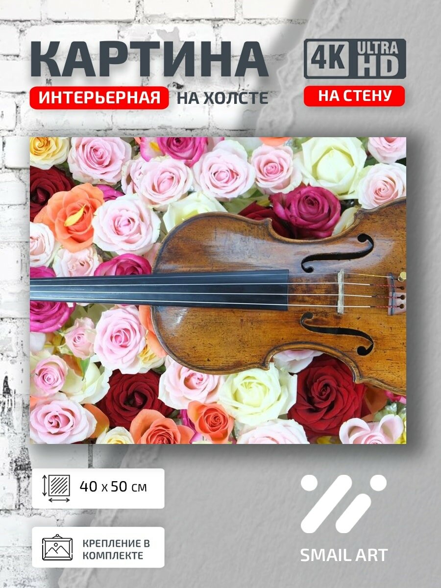Картина на холсте интерьерная 40 на 50 на стену розы Скрипка для гостиной атмосфера