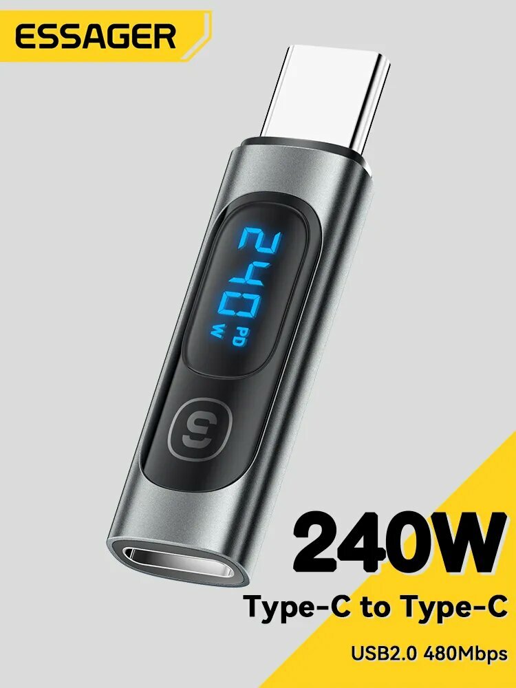 Адаптер Essager, USB-C, 240Вт, цифровой дисплей, для Macbook, Air, Samsung, серый