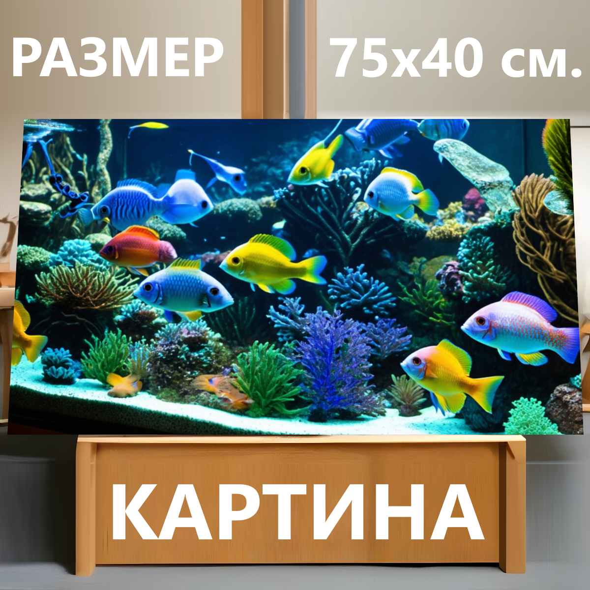 Картина на холсте "Огромный аквариум с разноцветными рыбами в стиле технологии стимпанк, где аквариумисты заботятся о морской экосистеме." на подрамнике 75х40 см. для интерьера