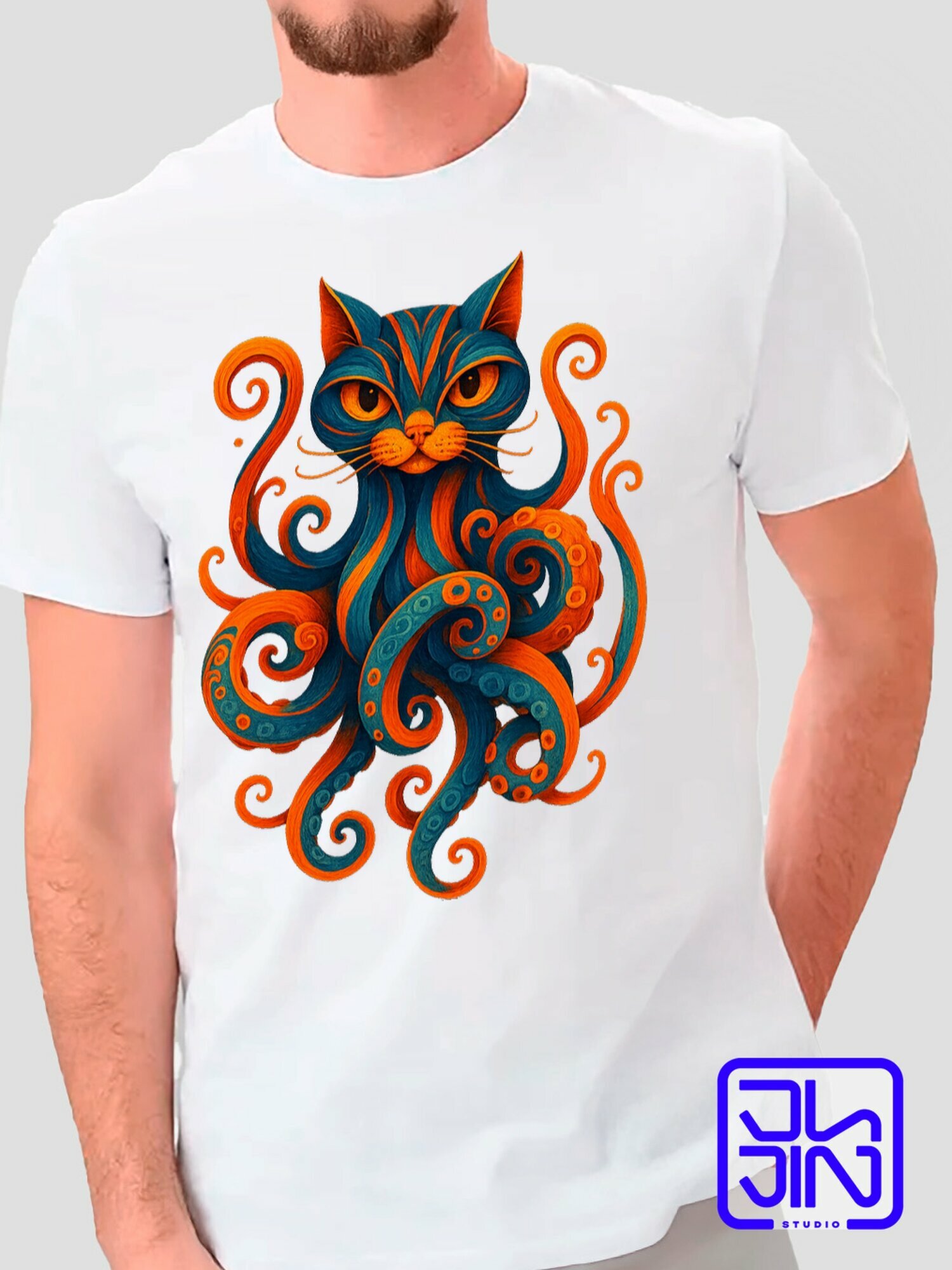 Футболка классическая мужская с авторским принтом Выразительная белая кошка с бирюзовыми, абстрактными щупальцами осьминога, белый хлопковый трикотаж с прикольным рисунком на груди