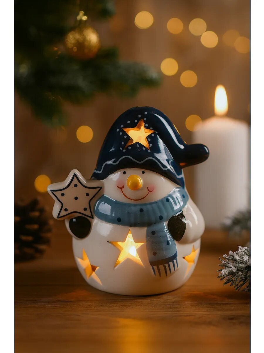 Фигурка TATA_HOME "Снеговик", керамика, с подсветкой, 8x6.5x9.5см