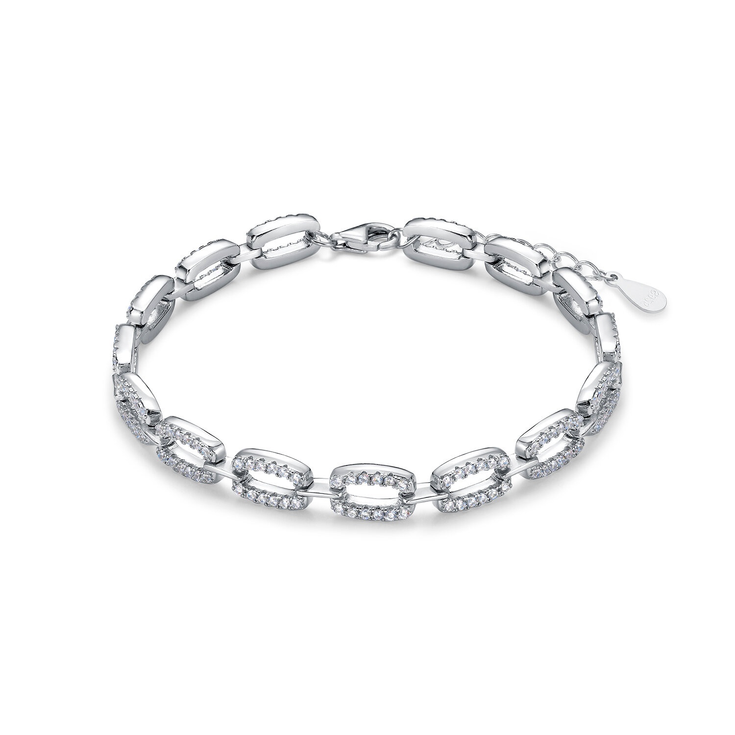 Браслет-цепочка, серебро, 925 проба, родирование, фианит