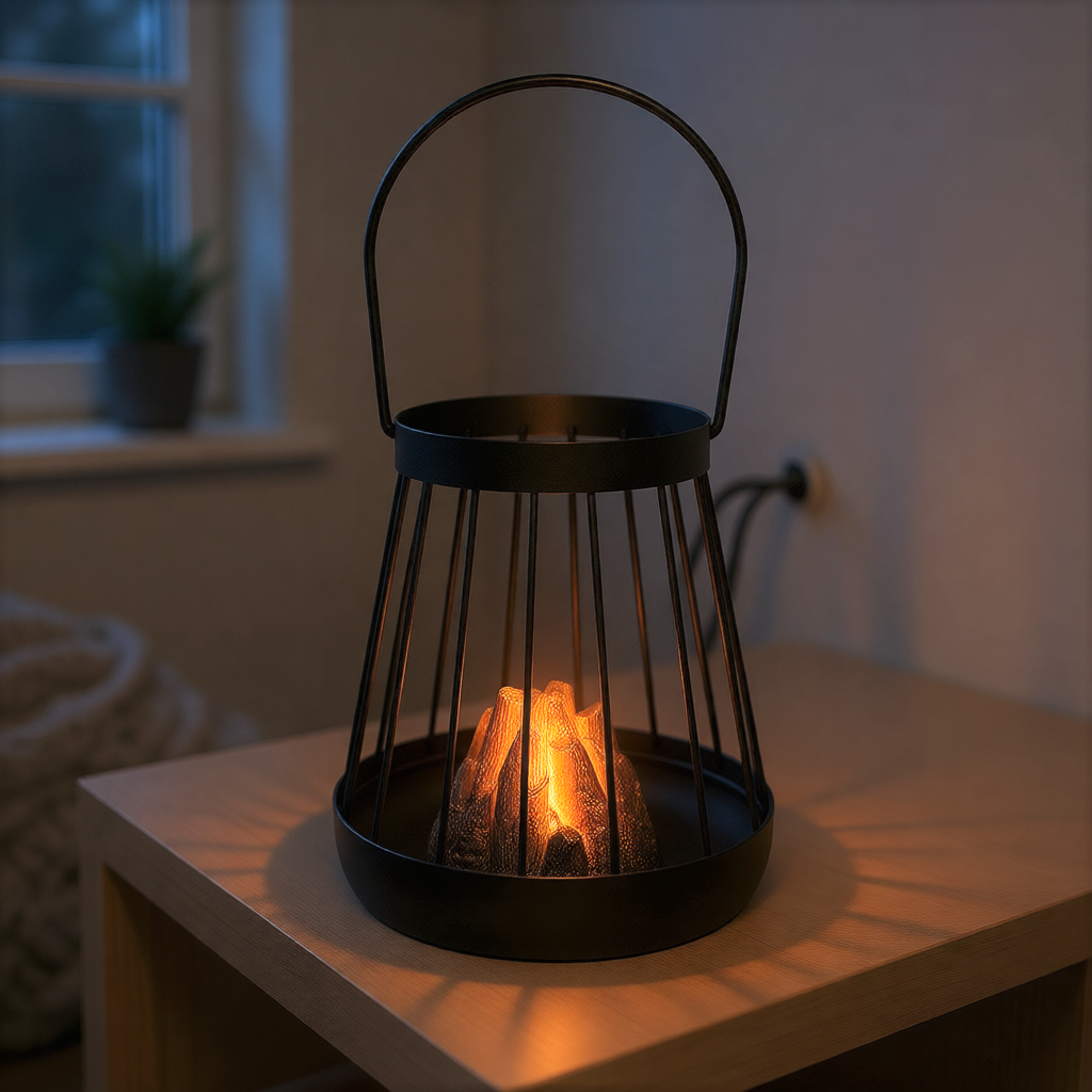 Светильник камин светодиодный настольный, в стиле лофт, теплый свет, эффект живого огня
