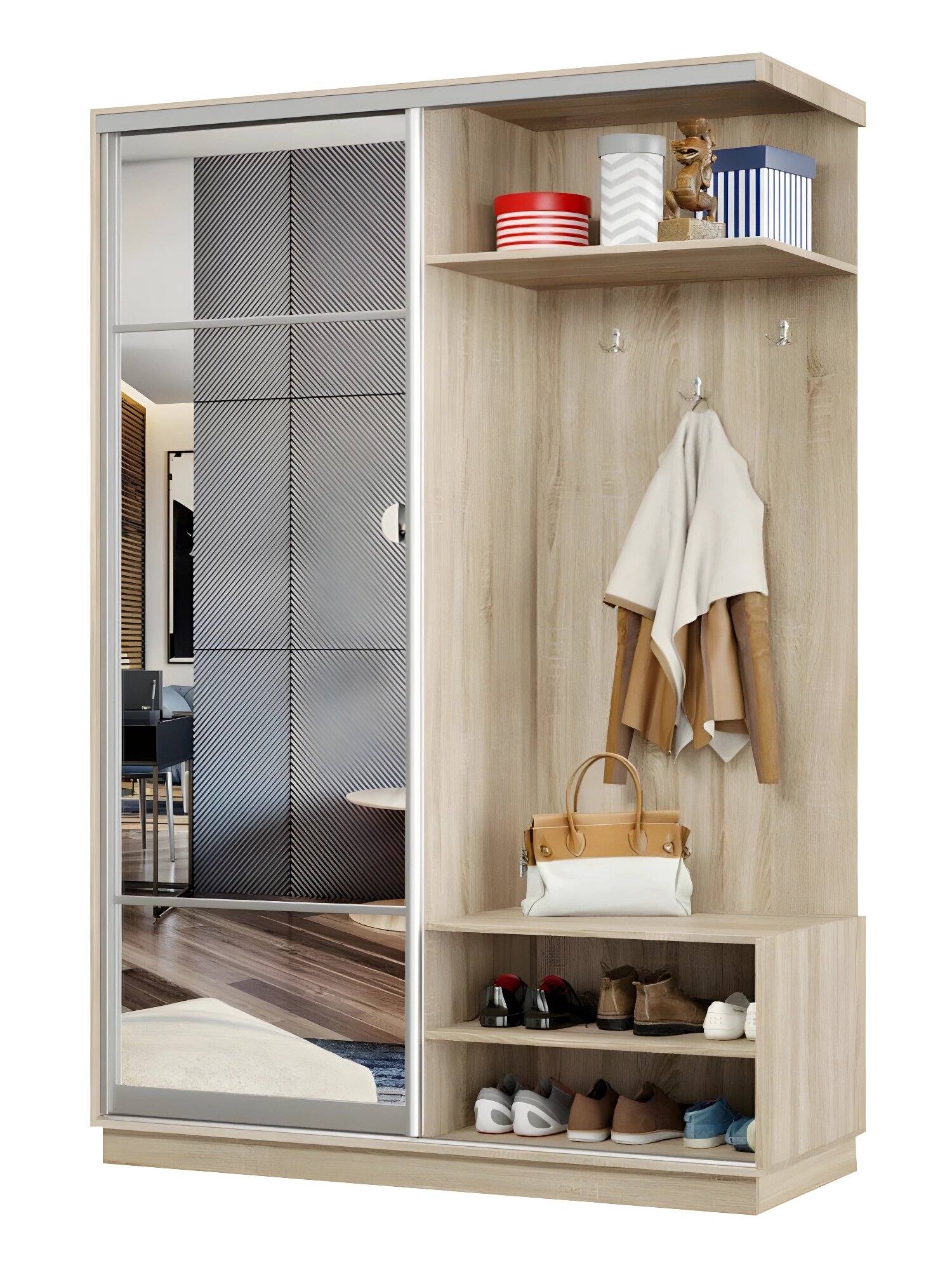 Прихожая комплект Маршал Лайт с обувницей, с зеркалом, с полками, со штангой, 100х45х220 см, Дуб Сонома / Бежевый