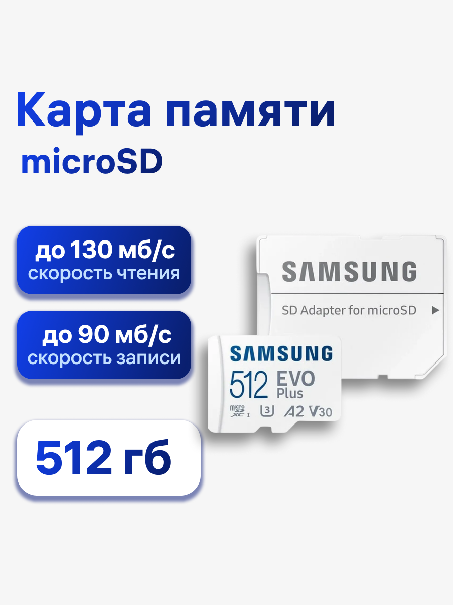 Карта памяти Samsung EVO Plus, 512 ГБ, MicroSDXC, A2 U3 V30, SD-адаптер в комплекте (MB-MC512SA/KR)