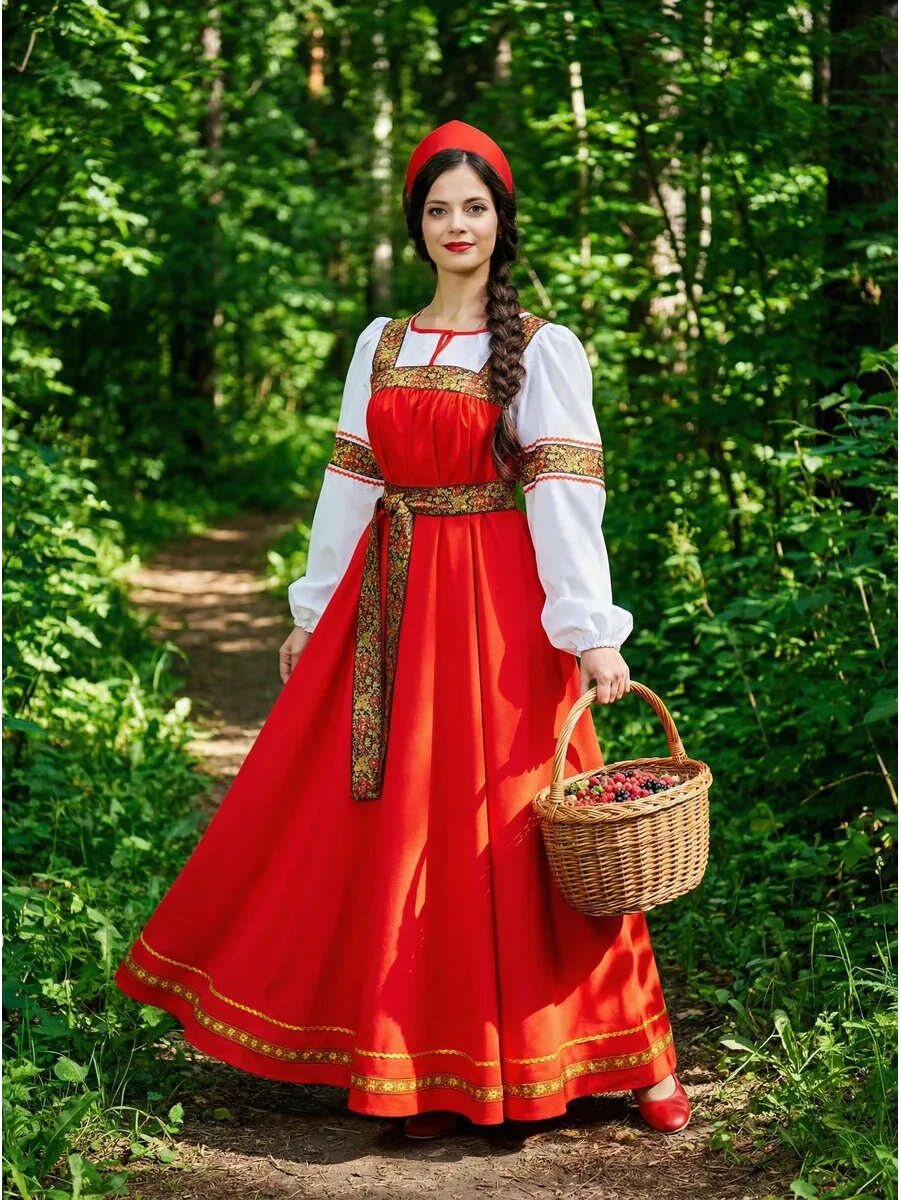 Русский народный костюм женский сарафан Вера Ягода красный, 56-58