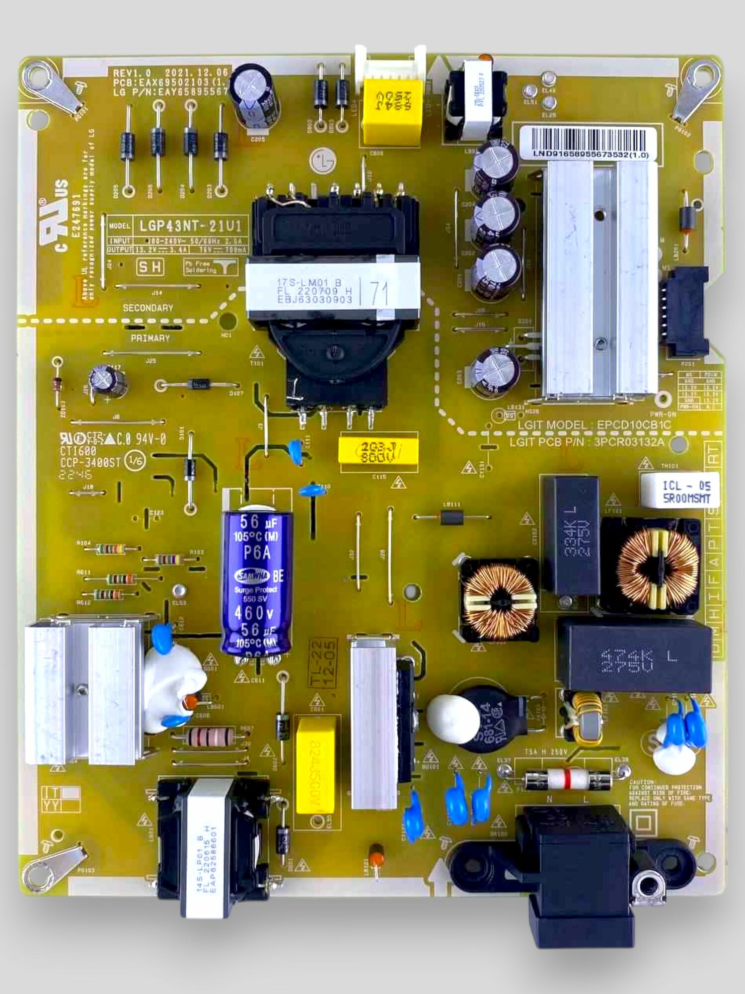 Блок питания PSU: EAX69502103(1.0) EAY65895567 REV1.0 LGP43NT-21U1 для телевизора LG 43UQ90006LD, 43UR78006LK