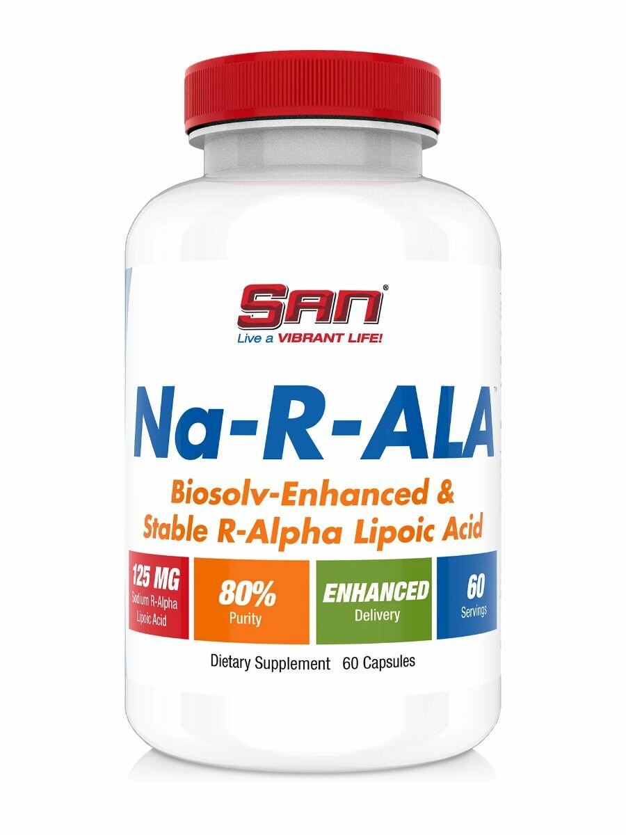 SAN NA-R-ALA, R-Альфа-липоевая кислота, 60 капсул, Антиоксидант для похудения, энергии и метаболизма