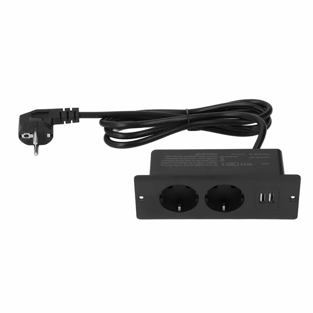 Встраиваемая розетка с 2 USB, кабель 1.5м, 230-265В, черная