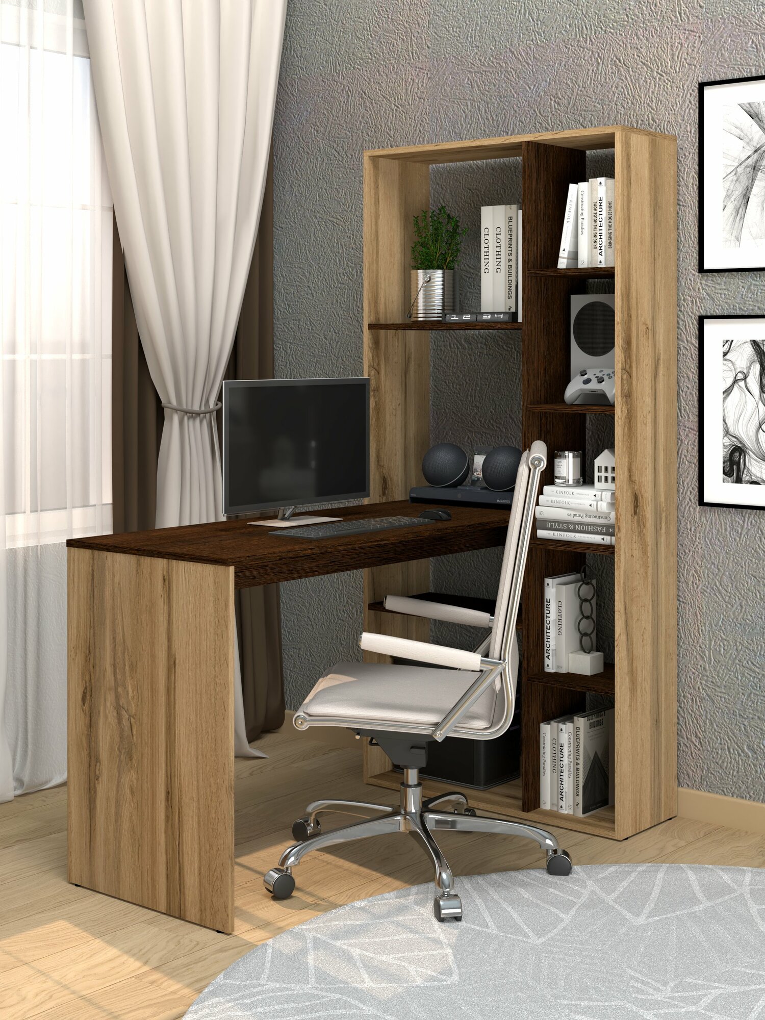 Есэндвич Лаворо 13 Компьютерный стол со стеллажом 130х170х80 см (Венге/Дуб Вотан)