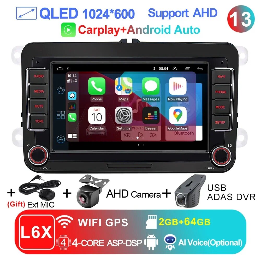 2 Din Android авто радио мультимедиа Carplay GPS стерео для VW Volkswagen Skoda L6X(2-64GB)CAM-DVR