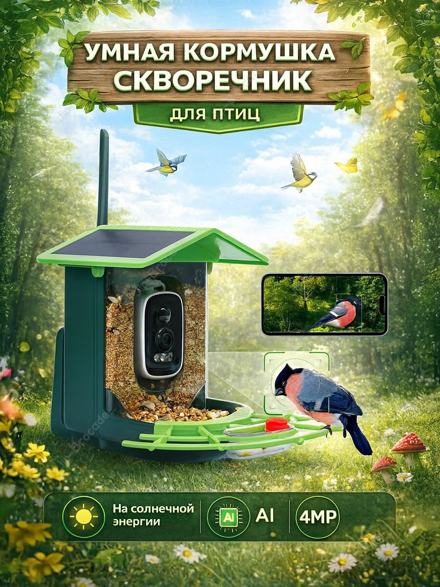 Умная кормушка скворечник для птиц с камерой, солнечной панелью и уведомлениями на телефон
