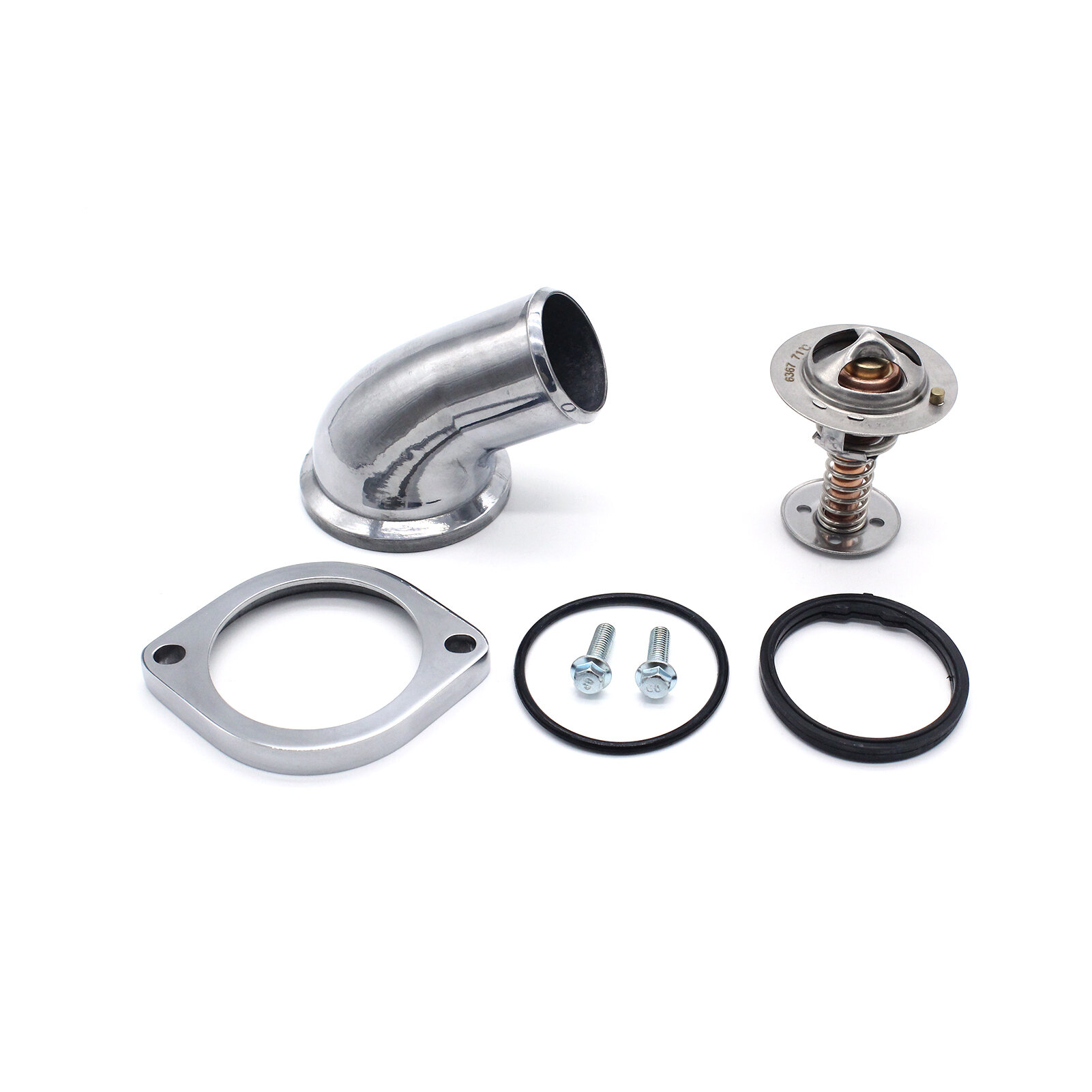 Кит Water Neck Housing & Thermostat 45° Swivel Polish для замены на GM LS LS1 LS2 LS7, цвет серебристый, материал железо, вес упаковки 310г, размер упаковки 20*8.5*8см, в комплект входят 1*Кит Water Neck Housing & Thermostat и 1*Набор аксессуаров