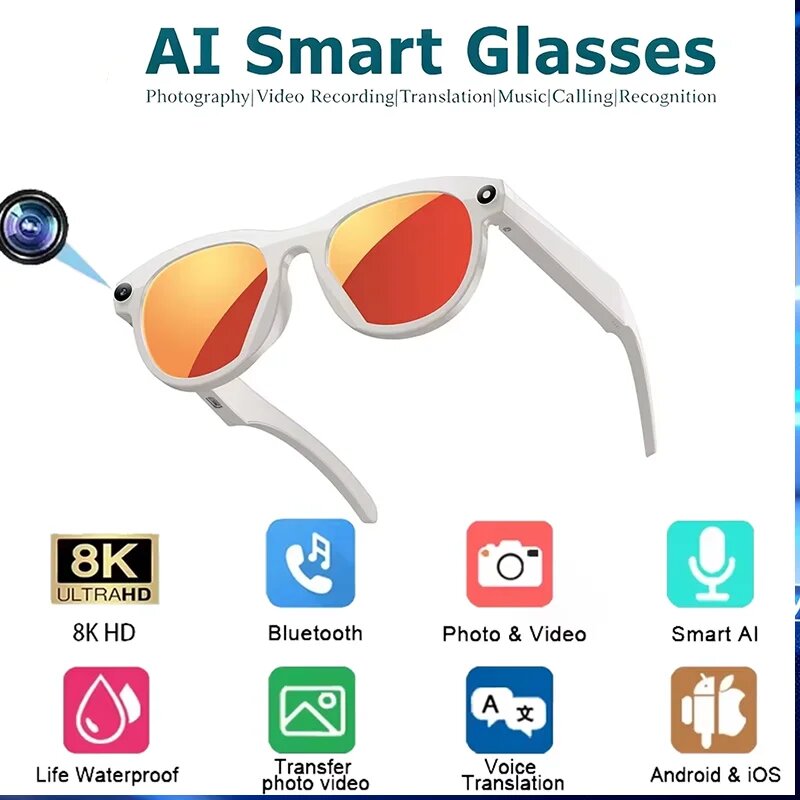 Умные очки AI с камерой, белые, 8K HD, Bluetooth