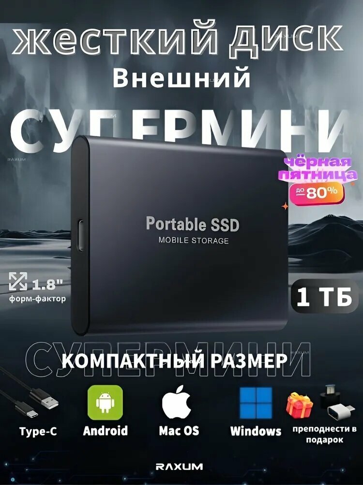 Raxum 1 ТБ Внешний жесткий диск (Portable SSD PRO 1TB), Металл, черный матовый