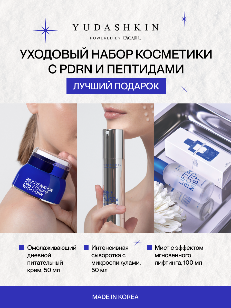 Набор уходовой косметики с PDRN: Крем для лица с микроспикулами, мист для лица, сыворотка с ниацинамидом