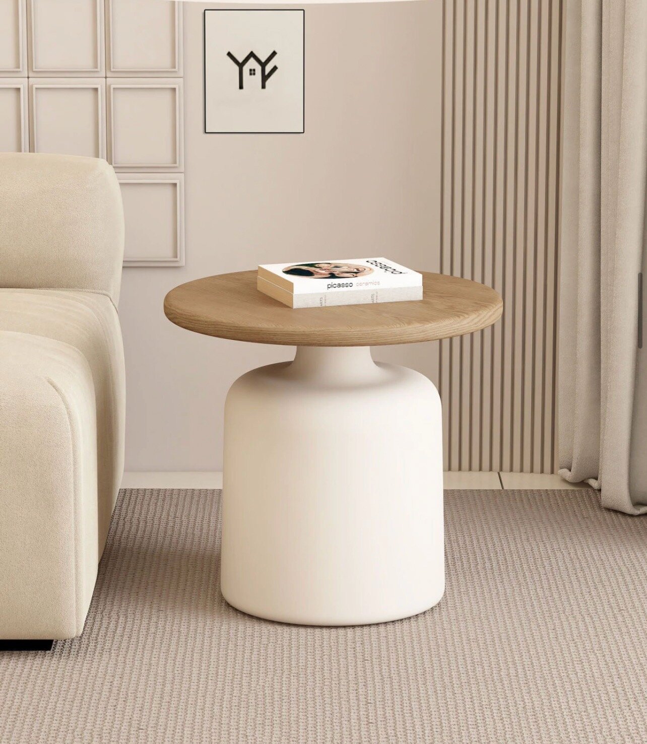 Столик журнальный IKEA, круглый, деревянный, металлический каркас, цвет кремовый