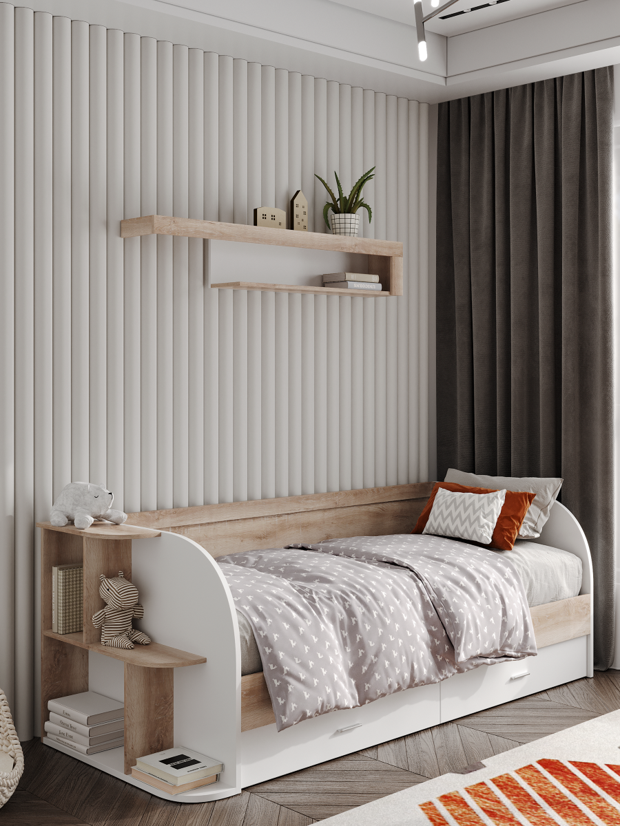 Кровать детская подростковая с полками белая 200х90 см без ящиков