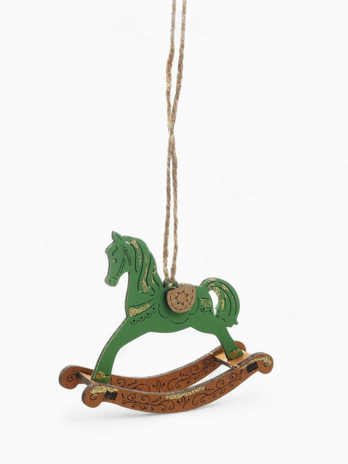 Игрушка ёлочная КНР Символ года 2026 "Лошадка-качалка", зелёный, дуб, МДФ, 9х2.5х8 см (Ли110-02-1237)