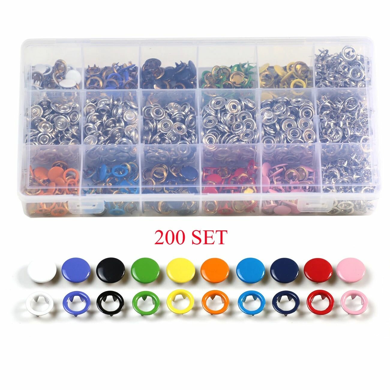 Набор для рукоделия: щипцы для установки кнопок, контейнер и 100/200 комплектов цветных металлических кнопок 9,5 мм, для одежды, сумок и ремонта