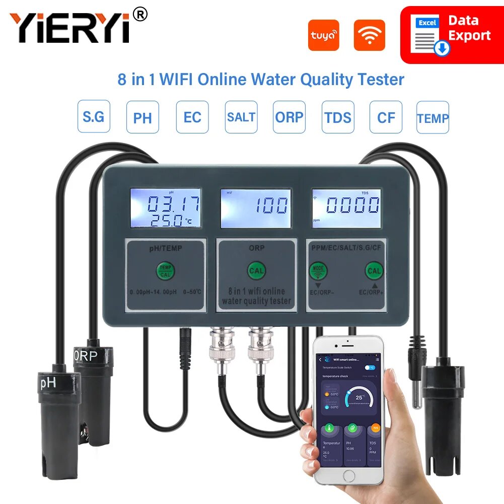 Yieryi 8-в-1 WiFi монитор качества воды, EU Plug 230V