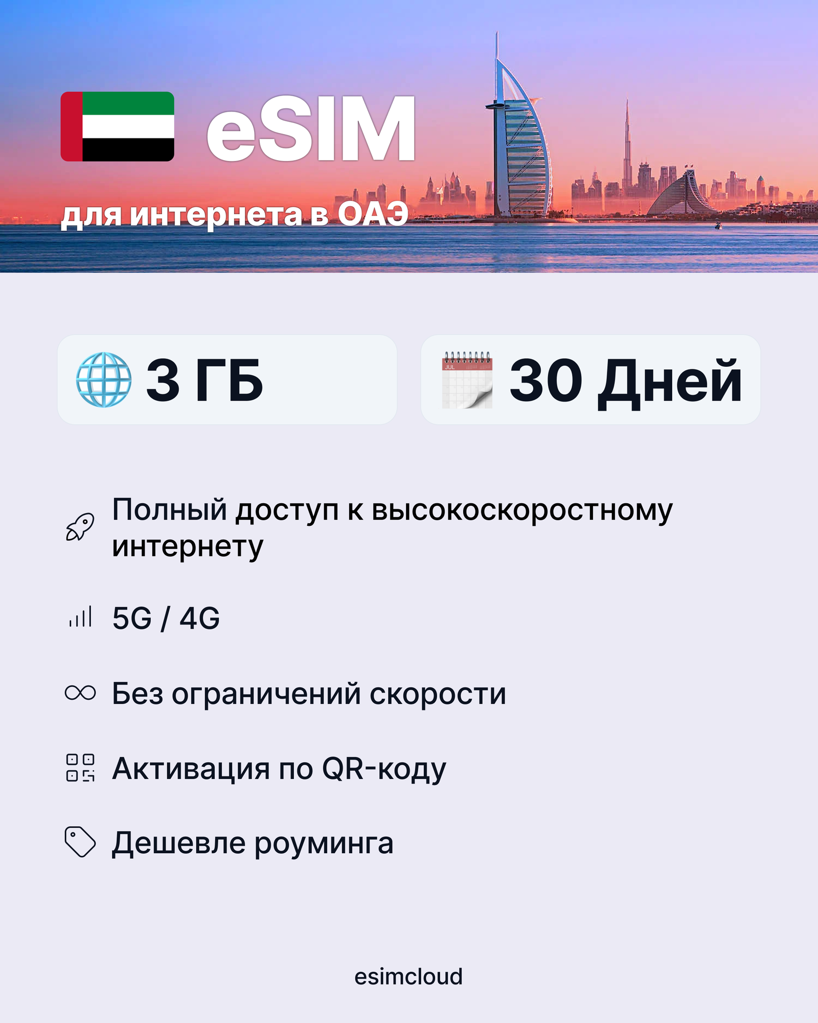 ESIM для ОАЭ 3 ГБ / 30 дней • Мобильный интернет • Универсальная eSIM • 4G LTE / 5G • Смартфон и планшет