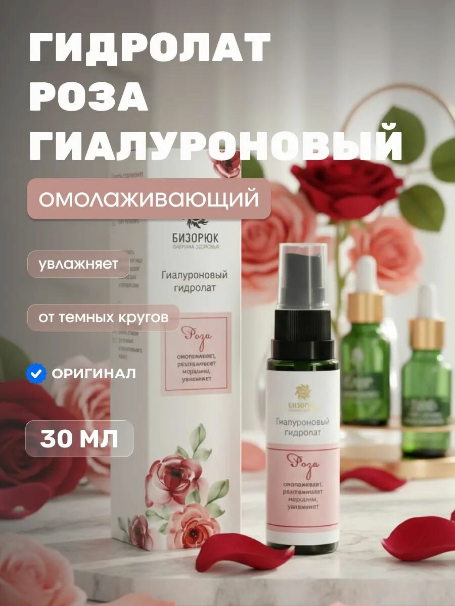 Гидролат Роза гиалуроновый для лица увлажняющий тоник с омолаживающим эффектом, 30 мл