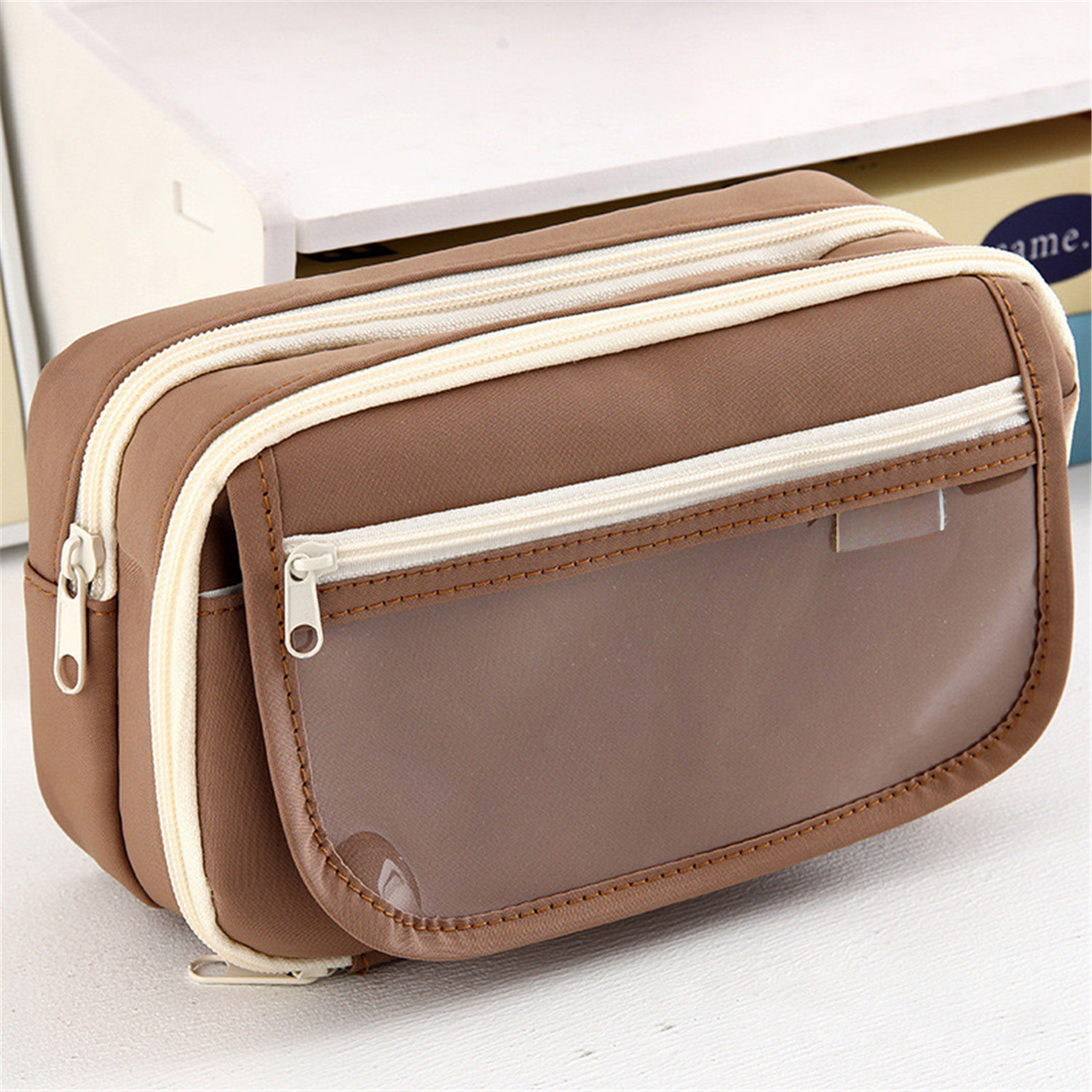 Чехол для карандашей и ручек, большой пенал с зippers, ткань канвас, сумка для косметики, хранилище туалетных принадлежностей, размер 21x13x7.5cm, 1 пенал, 1 кукла, 1 пачка наклеек (случайная)