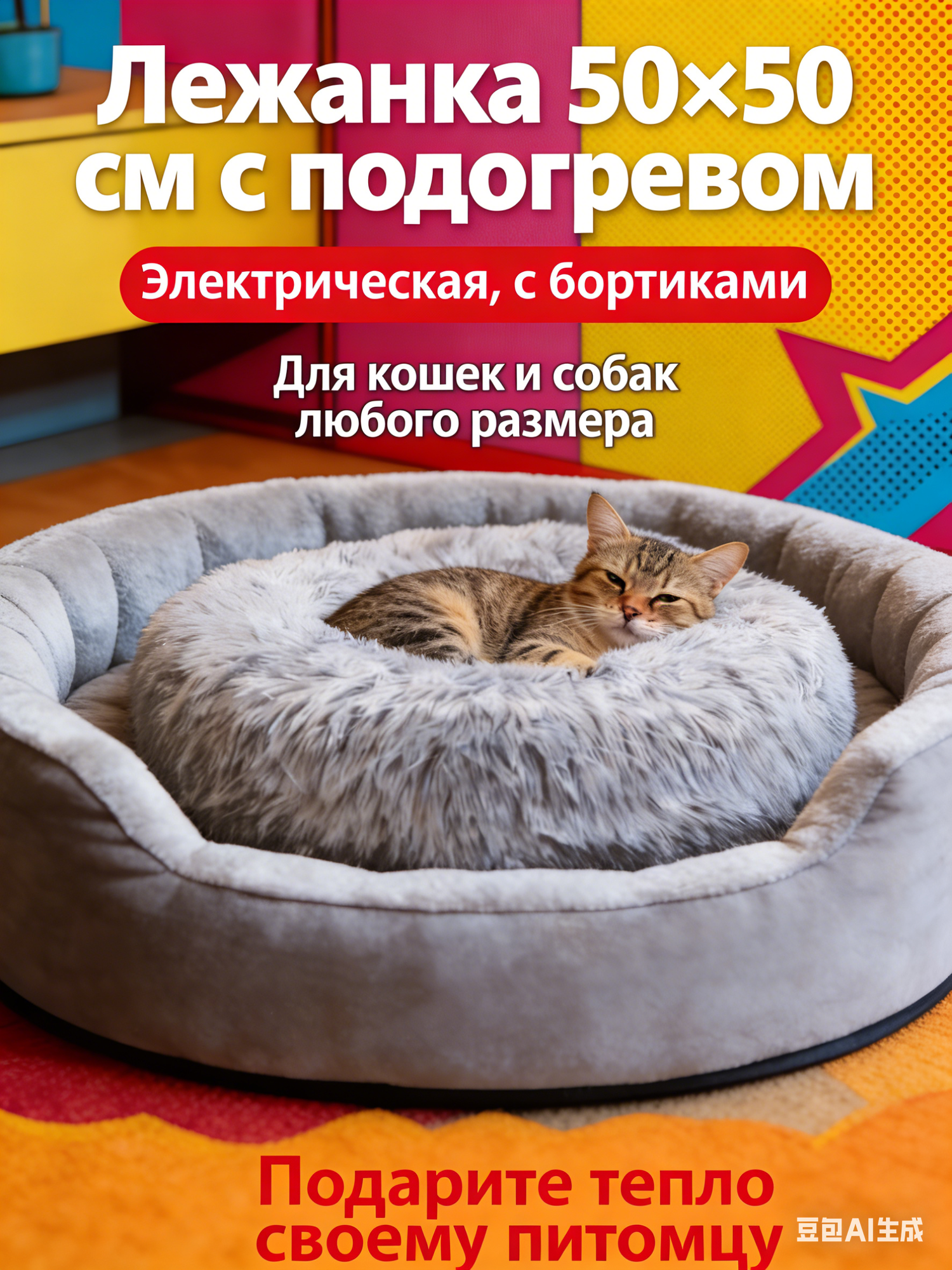 Лежанка для собак и кошек с подогревом 50x50x20см, коврик с подогревом для животных, грелка электрическая，серый