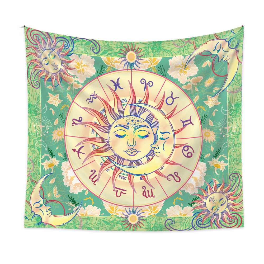 1 пейс Home Bohemian Milled Тапestry 73см * 95см Sun And Moon Pattern Room Background Hanging Cloth Home Decorative Cloth Yellow Green Polyster с 3 Безследными Гвоздями и 2 Клипами