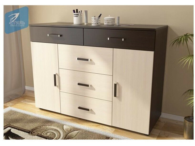 Комод 5 ящиков+2 створки, в современном стиле, венге/дуб молочный