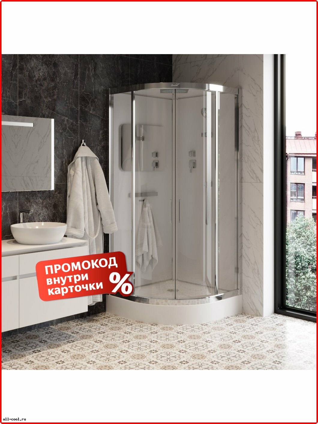 Душевая кабина Ceruttispa Ulderico 100x100 низкий поддон, четверть круга, серебристый