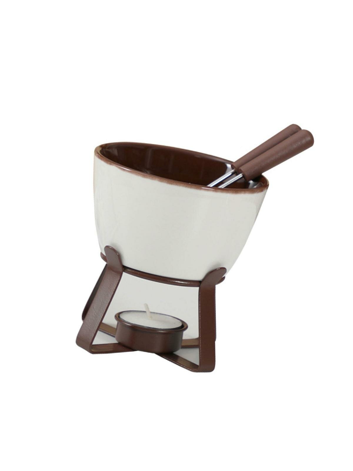 Маленькая чашечка для фондю с 2 вилками и керамическая кружка для подогрева шоколада, сыра и масла.