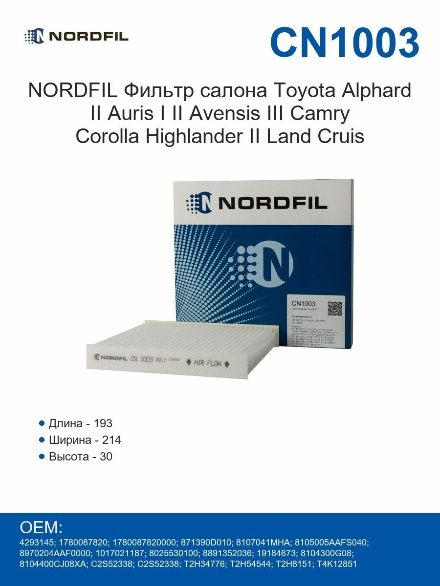 NORDFIL Фильтр салона Toyota Alphard II Auris I II Avensis III Camry Corolla Highlander II Land Cruis