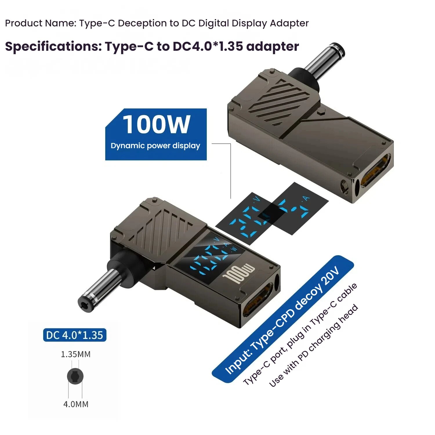 Конвертер USB-C в DC 4.0*1.35 100W, Цвет: 40135