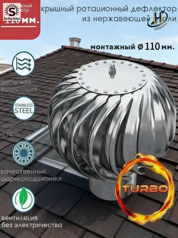 Дефлектор 110 мм для вентиляции, турбо-дефлектор нержавеющая сталь, на трубу 110 мм