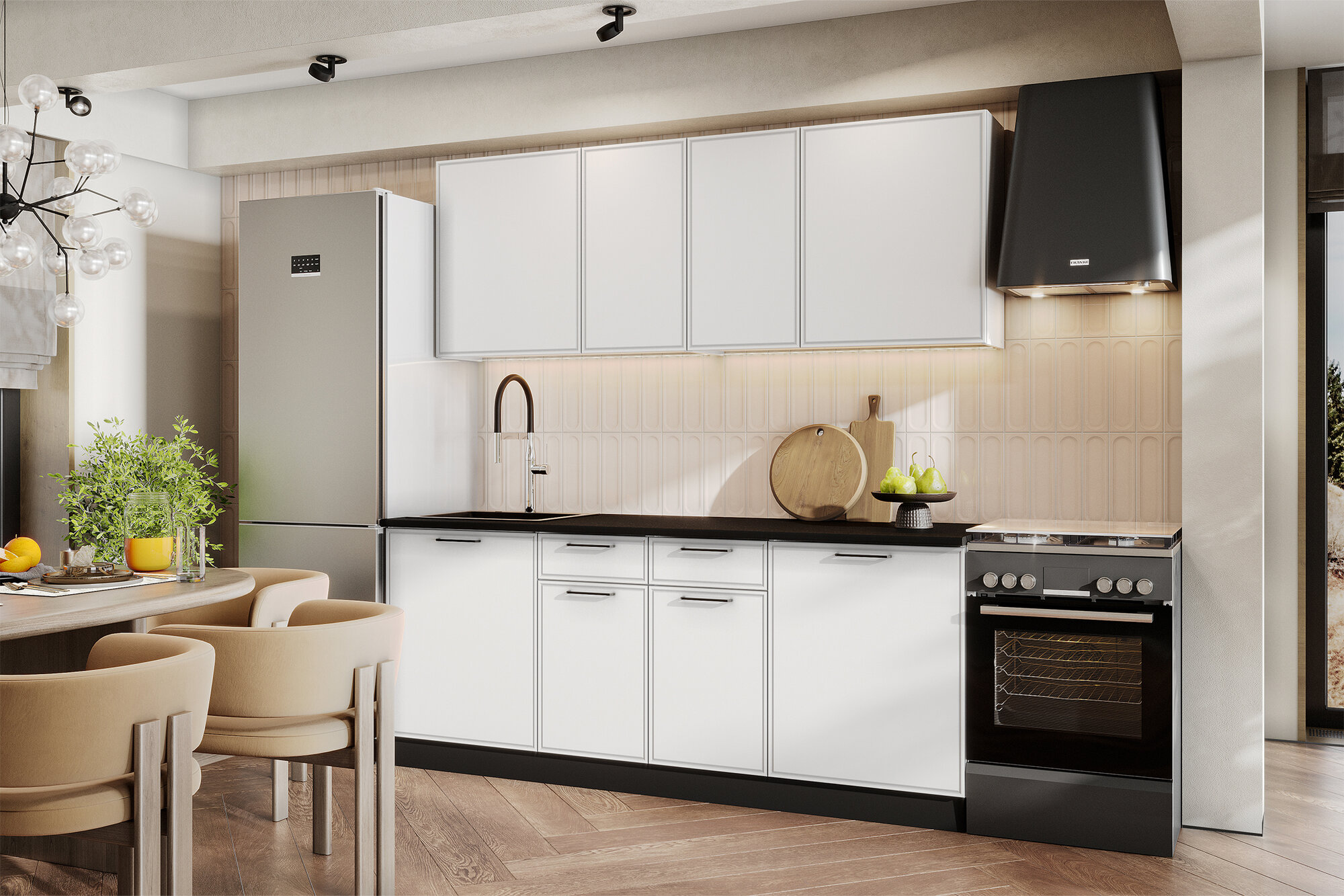 Кухонный гарнитур Нонтон Арнуво, 200 см, бланж / черная столешница