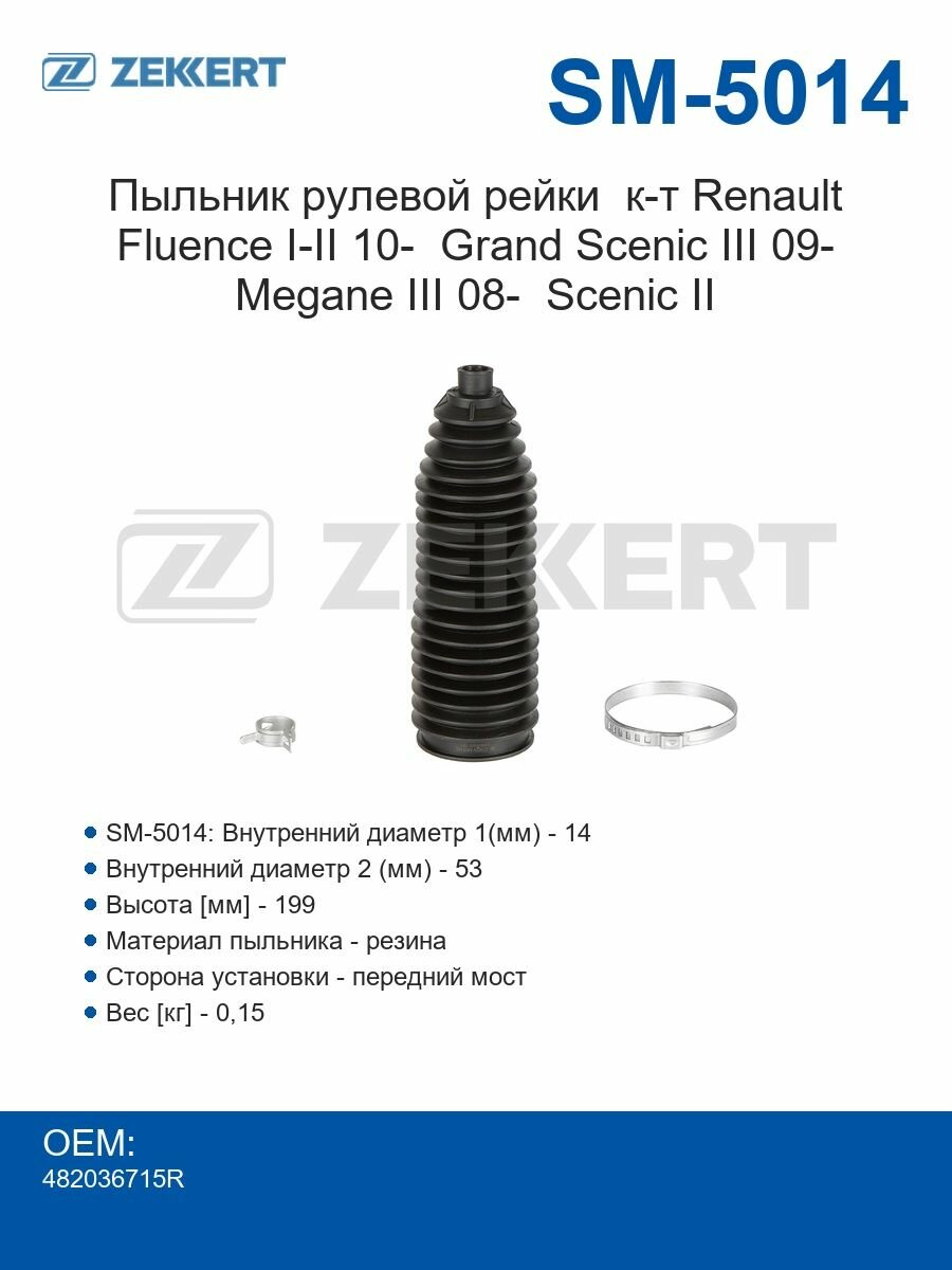Zekkert Комплект пыльника рулевой рейки Renault Fluence I-II 10- Grand Scenic III 09- Megane III 08- Scenic II