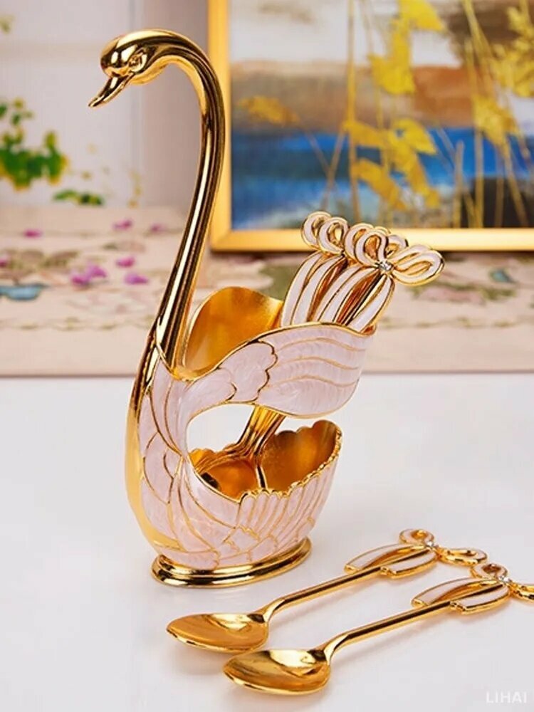 Набор столовых приборов лебеди 6 предм. золотой, перламутровый