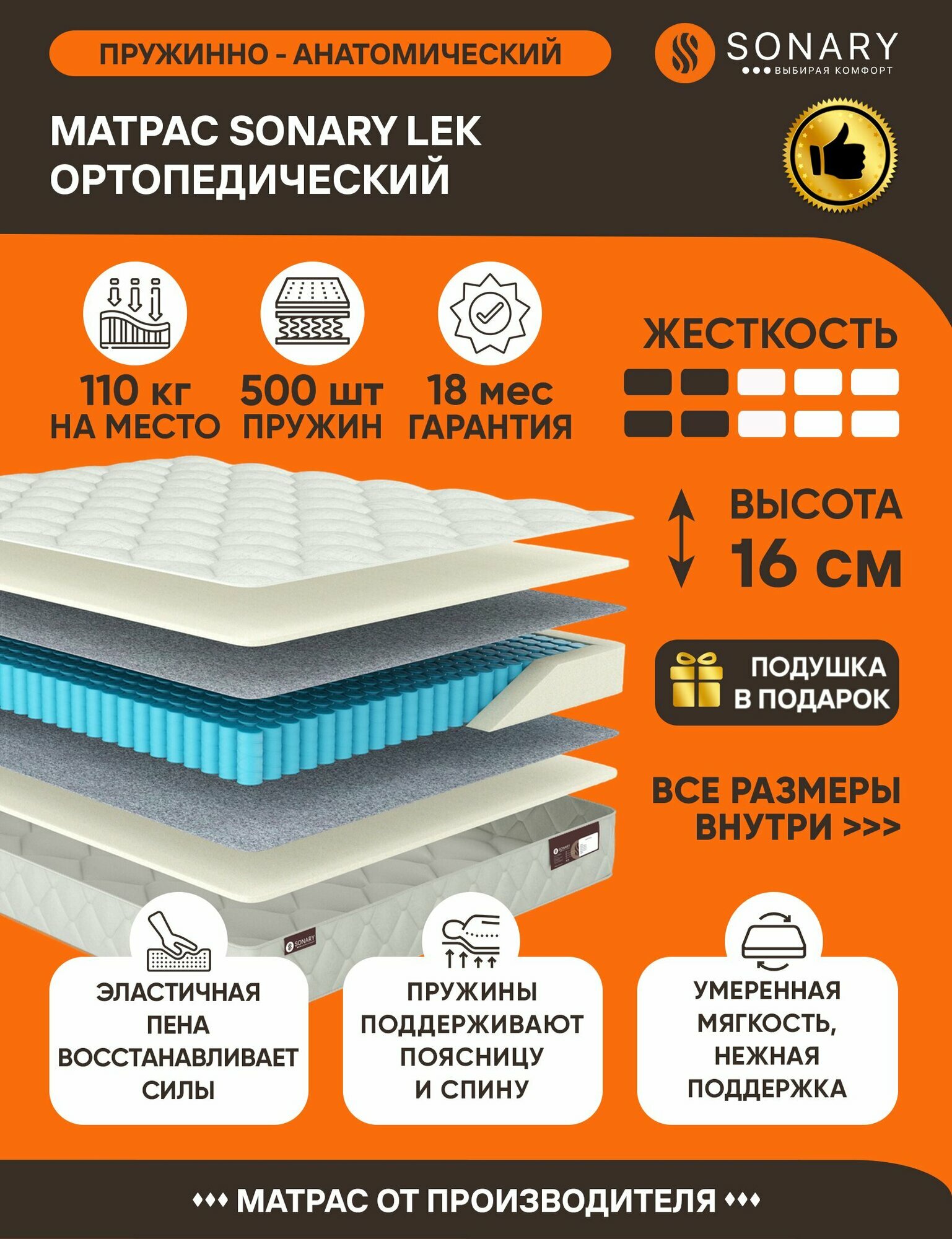 Матрас Sonary Lek 155х200 серии Urban высота 16 см анатомический средней жесткости Независимые пружины