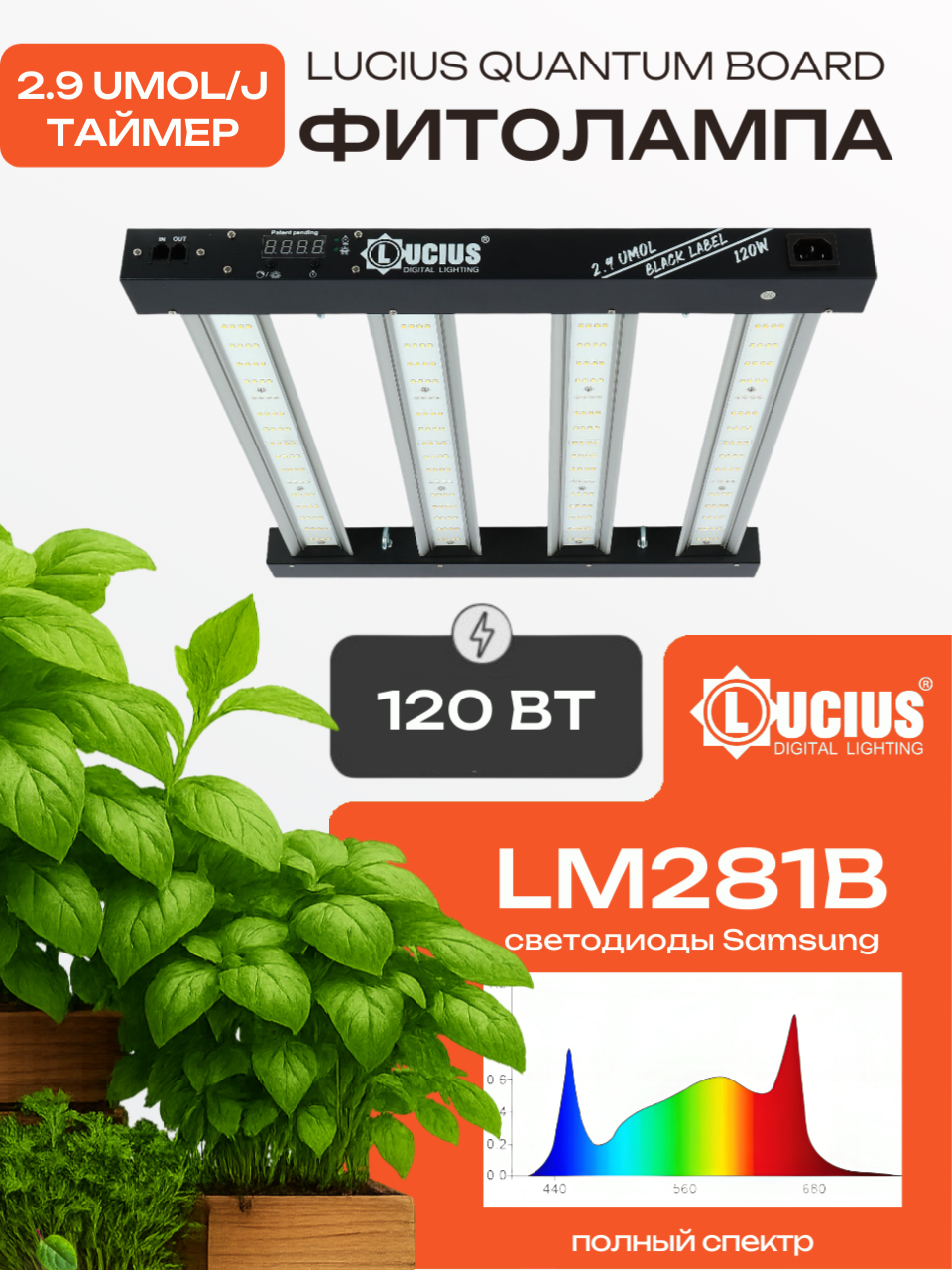 Светодиодная Фитолампа для растений Quantum board 120вт Lucius LED, полный спектр, диоды LM281b